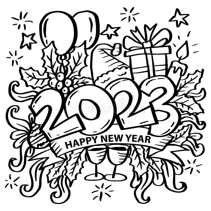 Coloring Pages New Years Illustrations. 2023 Hand Drawn Doodles ...