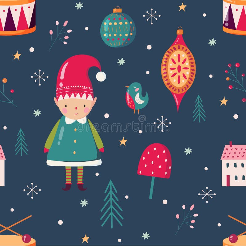 Christmas Pattern with Cute Elf Stock Vector - Illustration of ...
