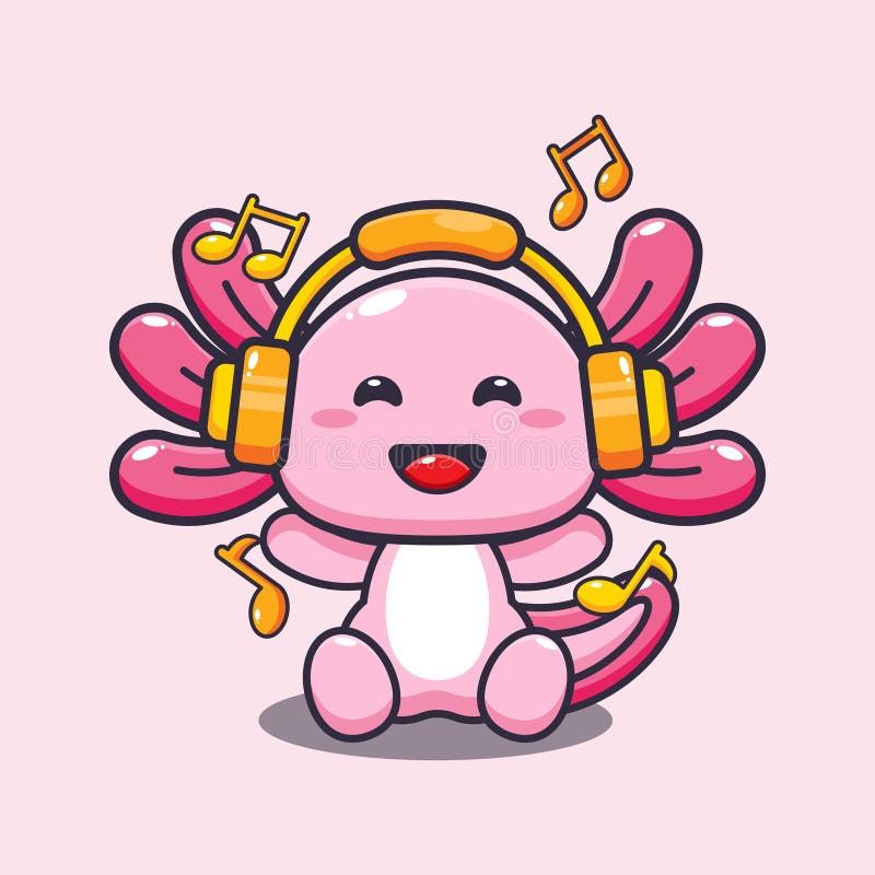 Cute Axolotl Listening Music with Headphone Cartoon Mascot Illustration ...