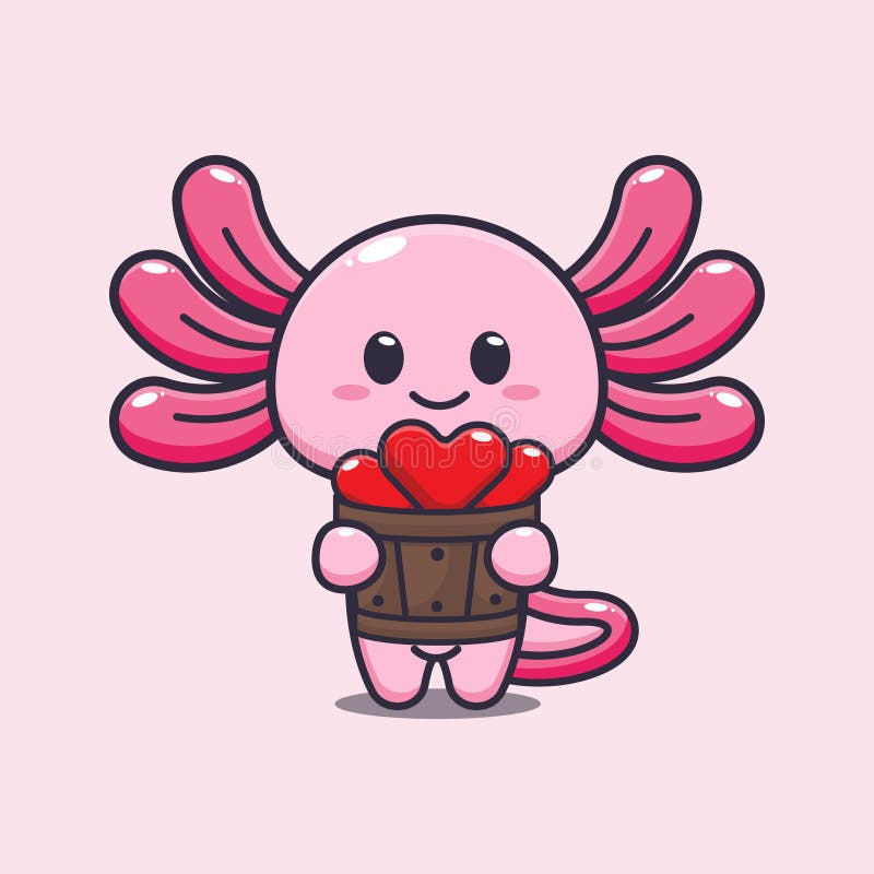 Cute Axolotl Cartoon Character Holding Love in Wood Bucket. Stock ...