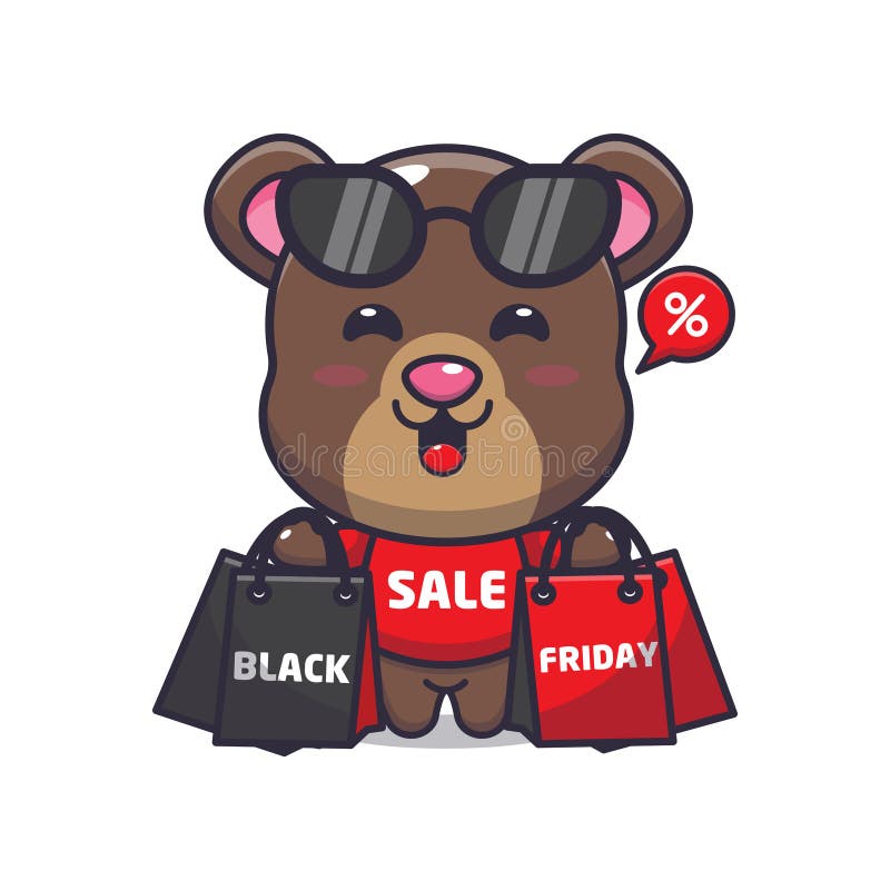 Cute Bear Shopping in Black Friday Cartoon Illustration. Stock Vector ...