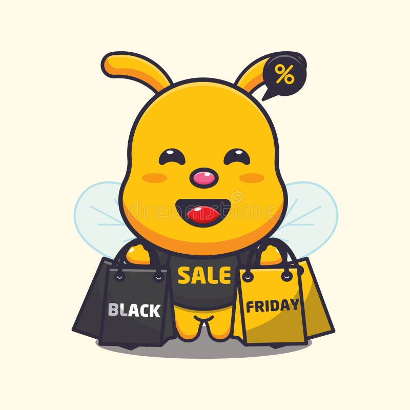 Cute Bee Shopping in Black Friday Cartoon Illustration. Stock Vector ...