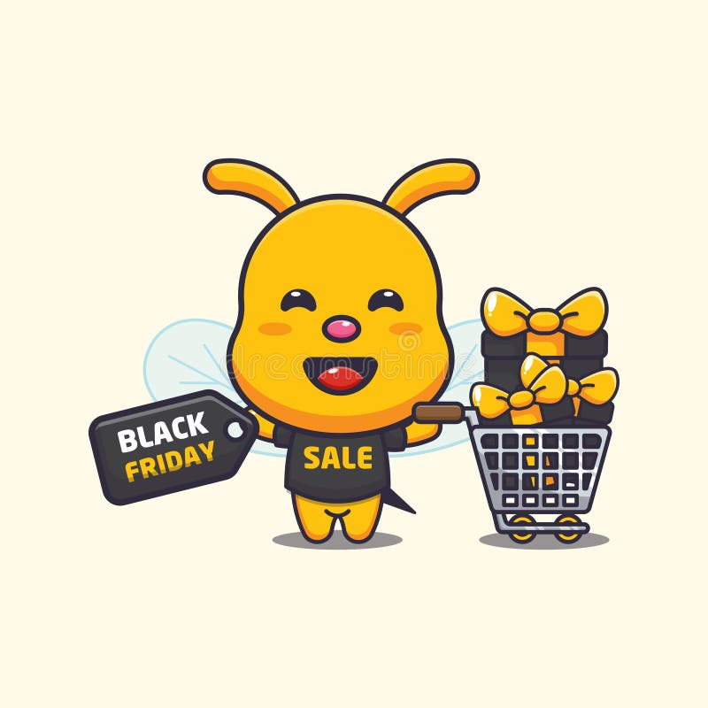Cute Bee with Shopping Cart in Black Friday Cartoon Illustration. Stock ...