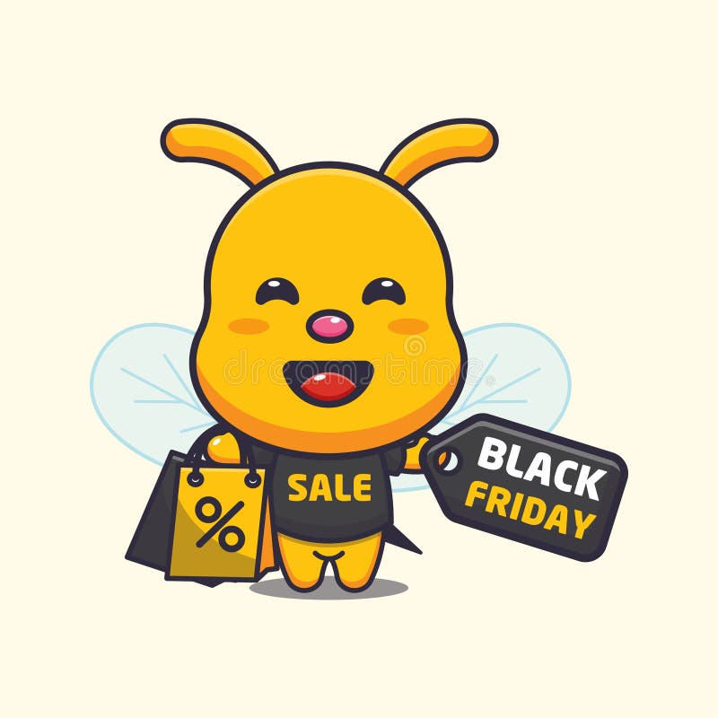 Cute Bee with Shopping Bag in Black Friday Cartoon Illustration. Stock ...