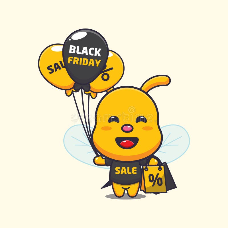 Cute Bee with Shopping Cart in Black Friday Cartoon Illustration. Stock ...