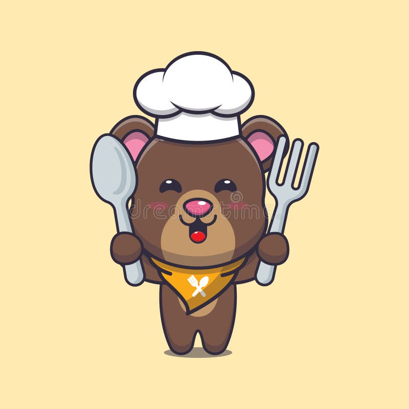 Cute Chef Bear Mascot Cartoon Character Holding Spoon and Fork. Stock ...
