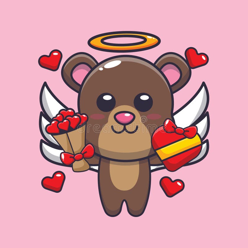 Cute Cupid Bear Cartoon Character Holding Love Gift and Love Bouquet ...
