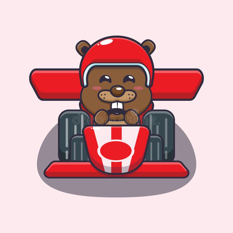 Cute Beaver Mascot Cartoon Character Riding Race Car. Stock Vector ...