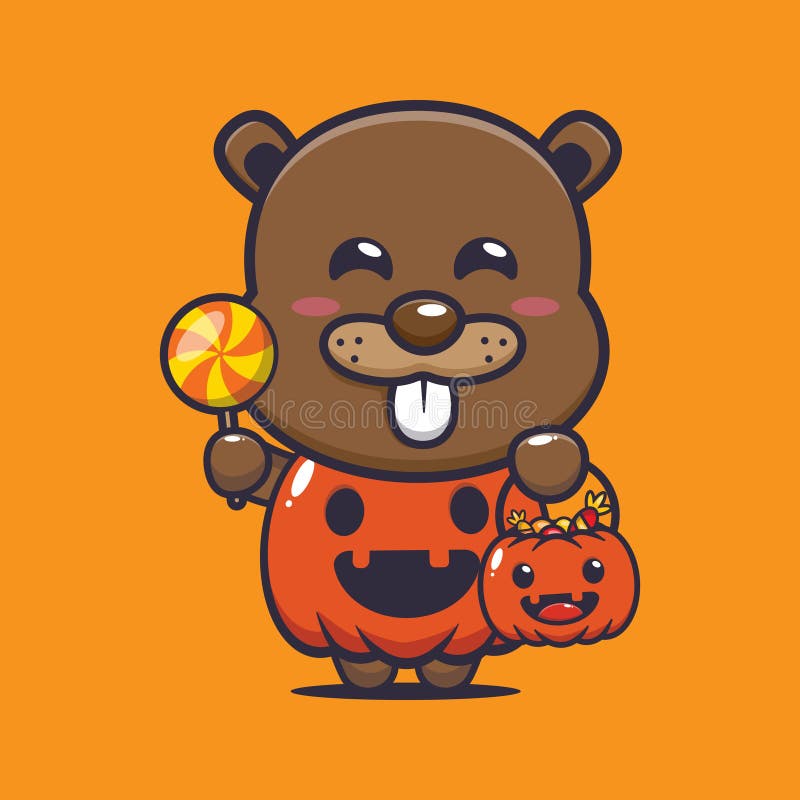 Cute Beaver with Halloween Pumpkin Costume. Stock Vector - Illustration ...
