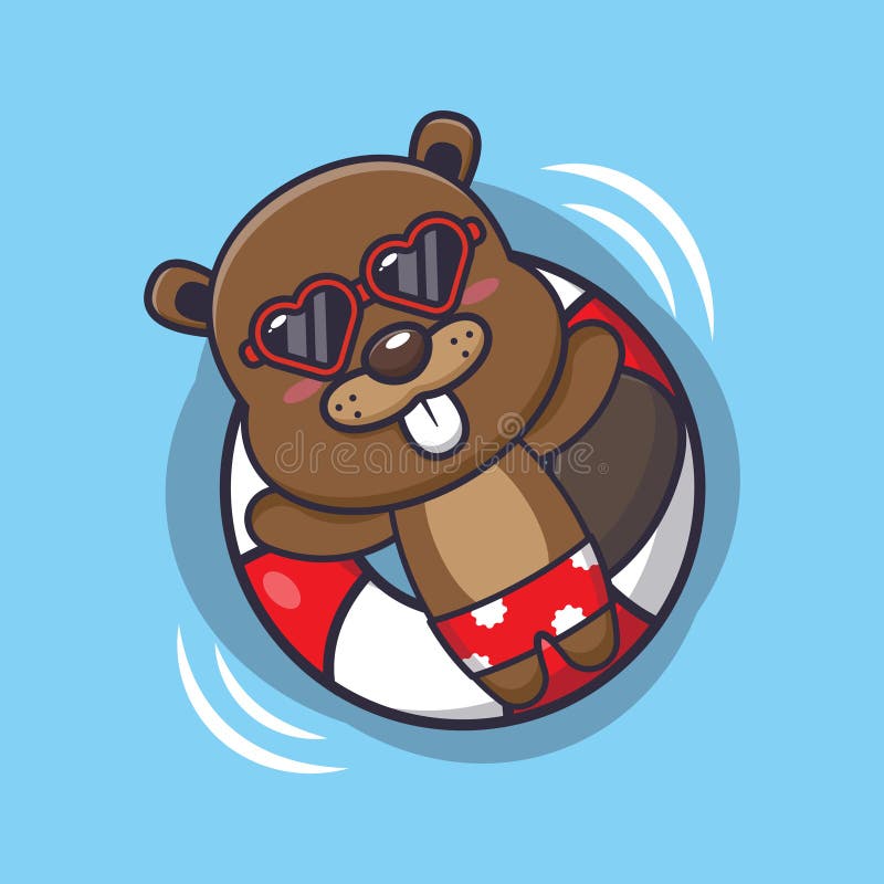 Cute Beaver Cartoon Mascot Character in Sunglasses Swim in Beach on ...