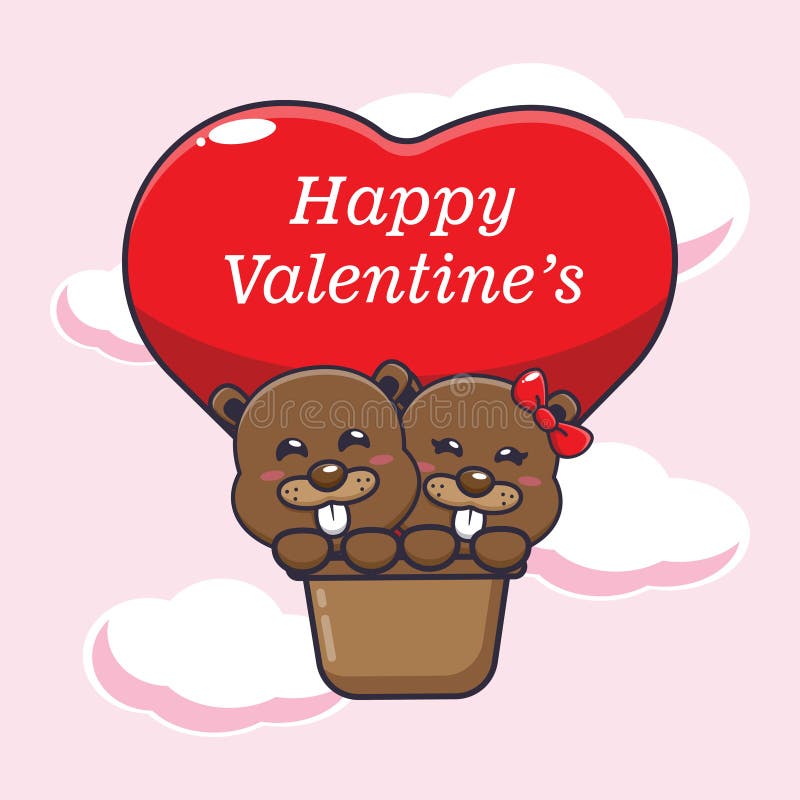 Cute Beaver Cartoon Character Fly with Air Balloon in Valentines Day ...