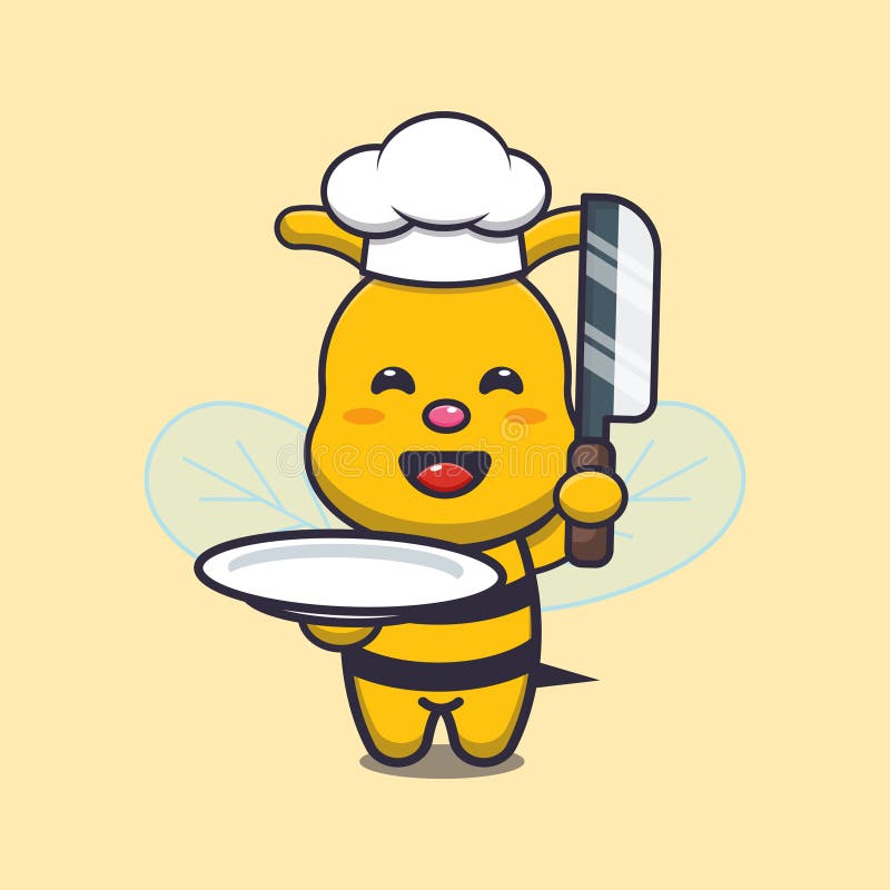 Cute Chef Bee Mascot Cartoon Character with Knife and Plate. Stock ...