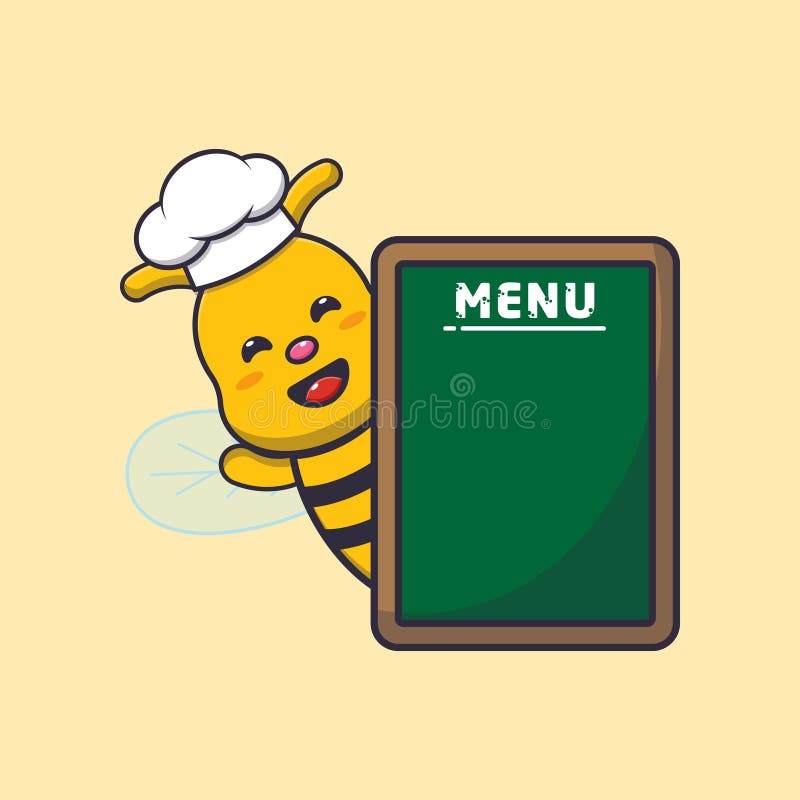Cute Chef Bee Mascot Cartoon Character with Menu Board. Stock Vector ...