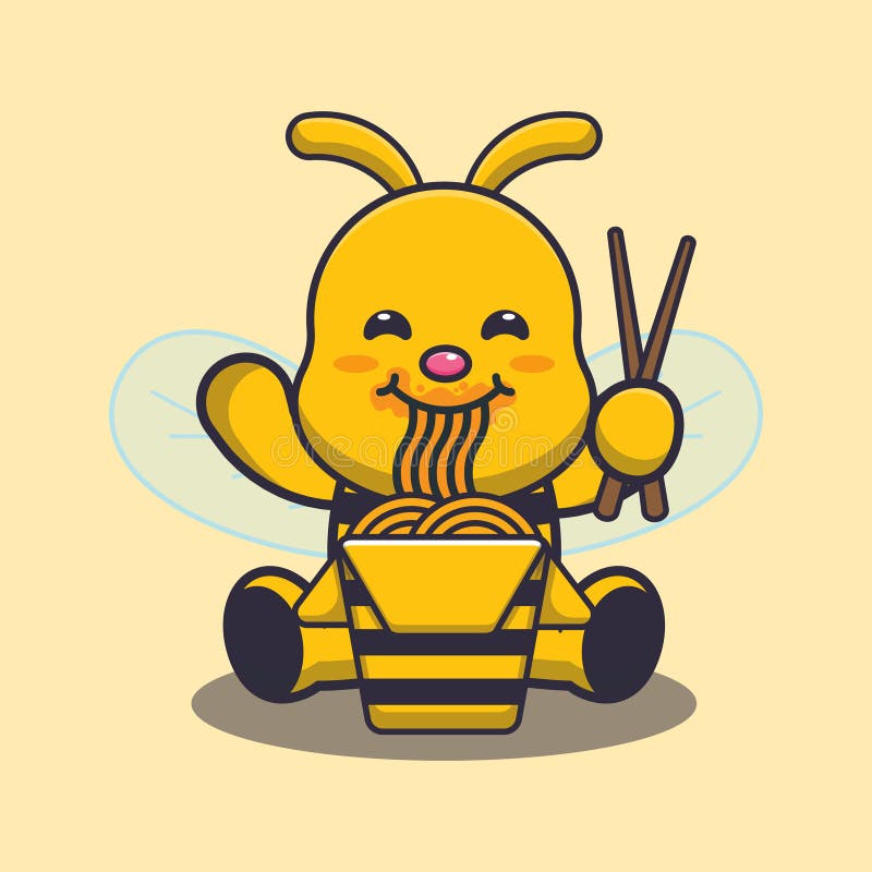 Cute Bee Eating Noodle Cartoon Mascot Illustration. Stock Vector ...