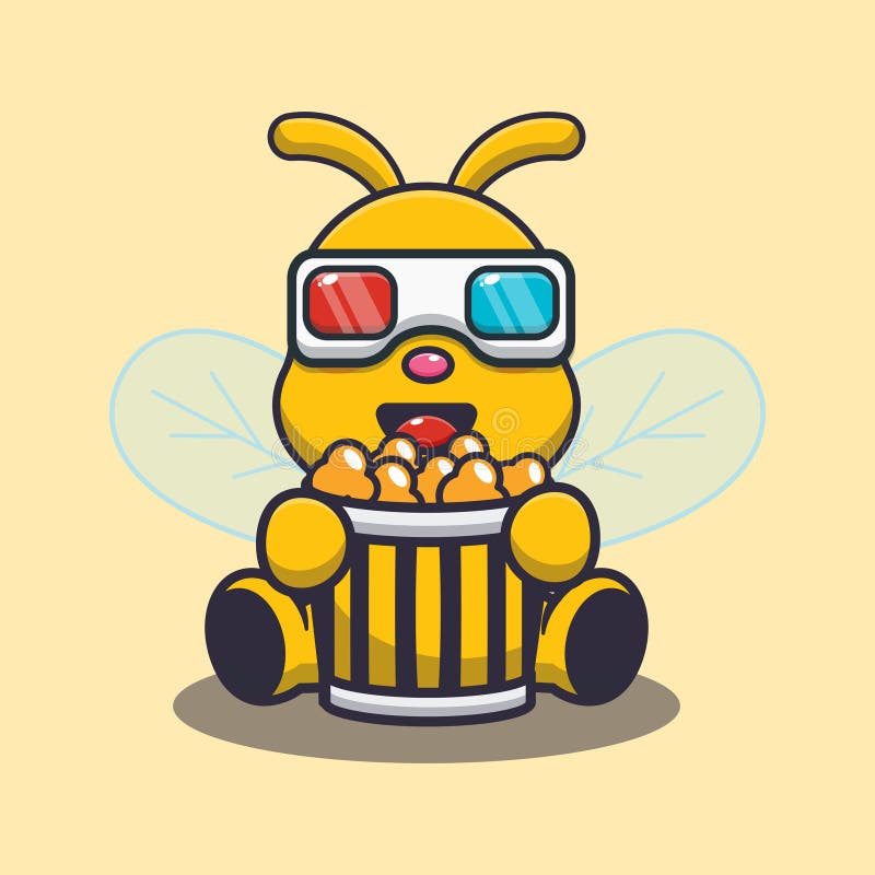 Cute Bee Eating Popcorn and Watch 3d Movie Cartoon Mascot Illustration ...