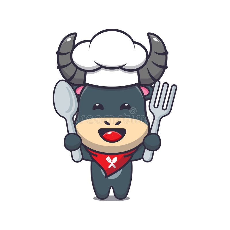 Cute Chef Buffalo Mascot Cartoon Character Holding Spoon and Fork ...