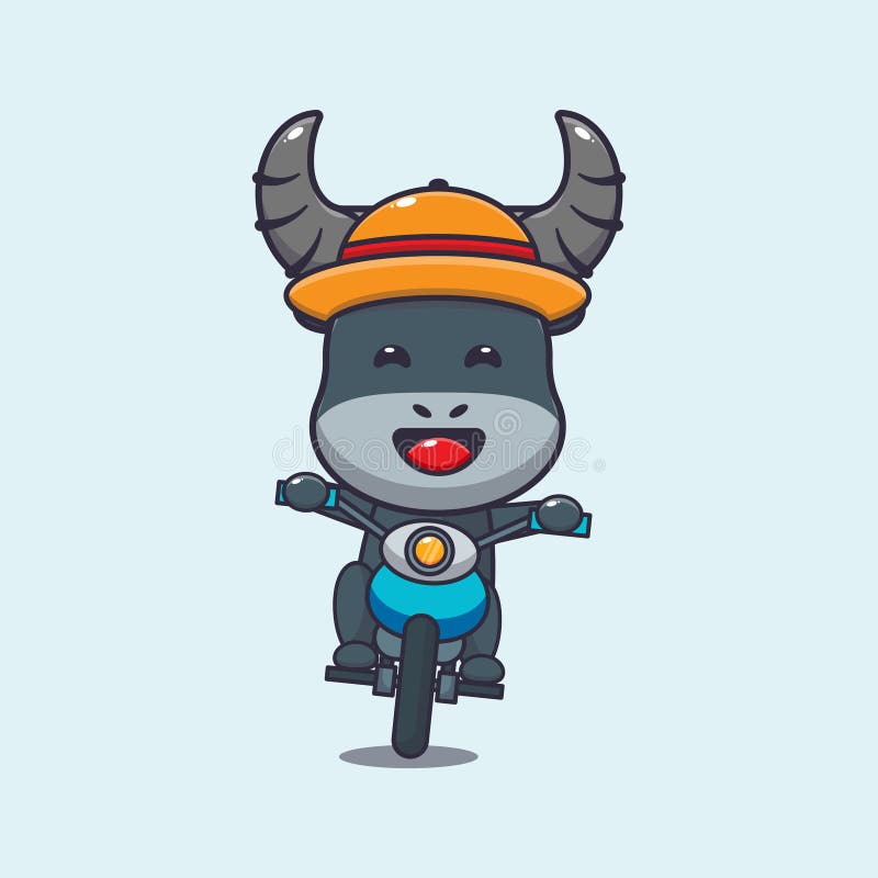 Cool Buffalo Cartoon Mascot Character Ride Motorcycle in Summer Day ...