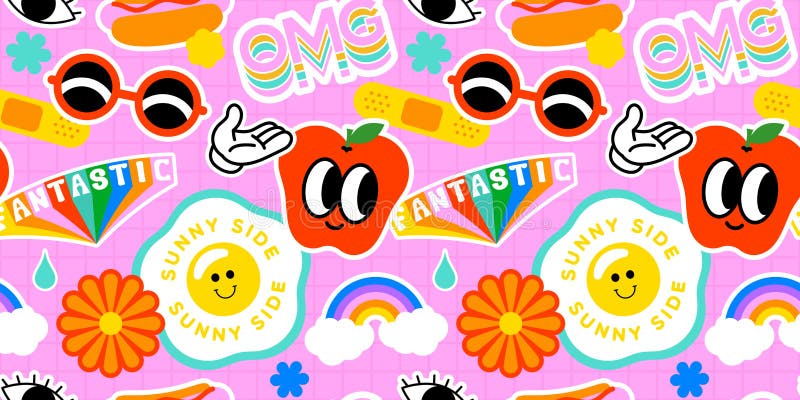 Funny Retro Colorful Sticker Label Seamless Pattern Stock Vector ...