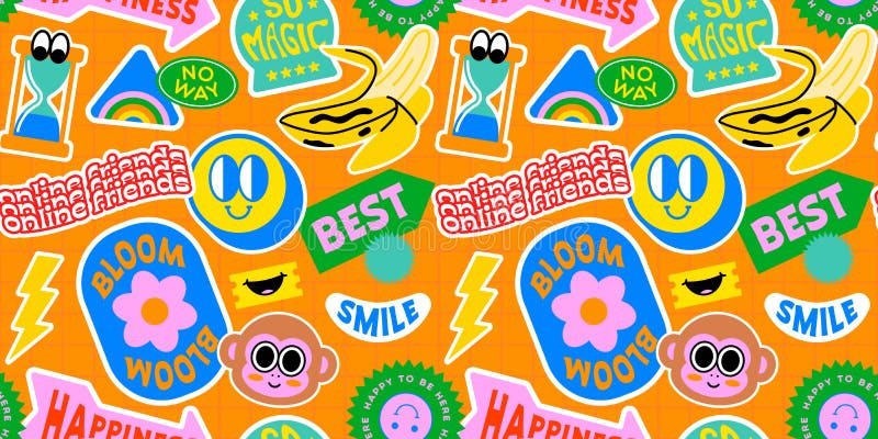 Funny Retro Colorful Sticker Label Seamless Pattern Stock Vector ...