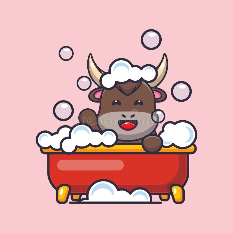 Cute Bull Taking Bubble Bath in Bathtub. Stock Vector - Illustration of ...