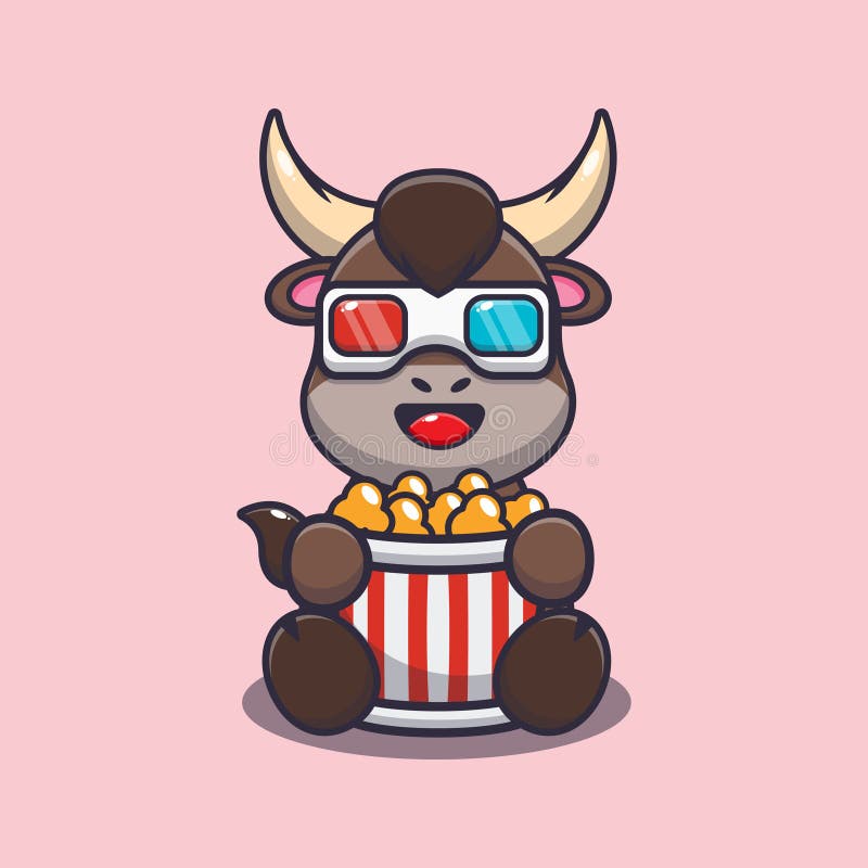 Cute Bull Eating Popcorn and Watch 3d Movie. Stock Vector ...