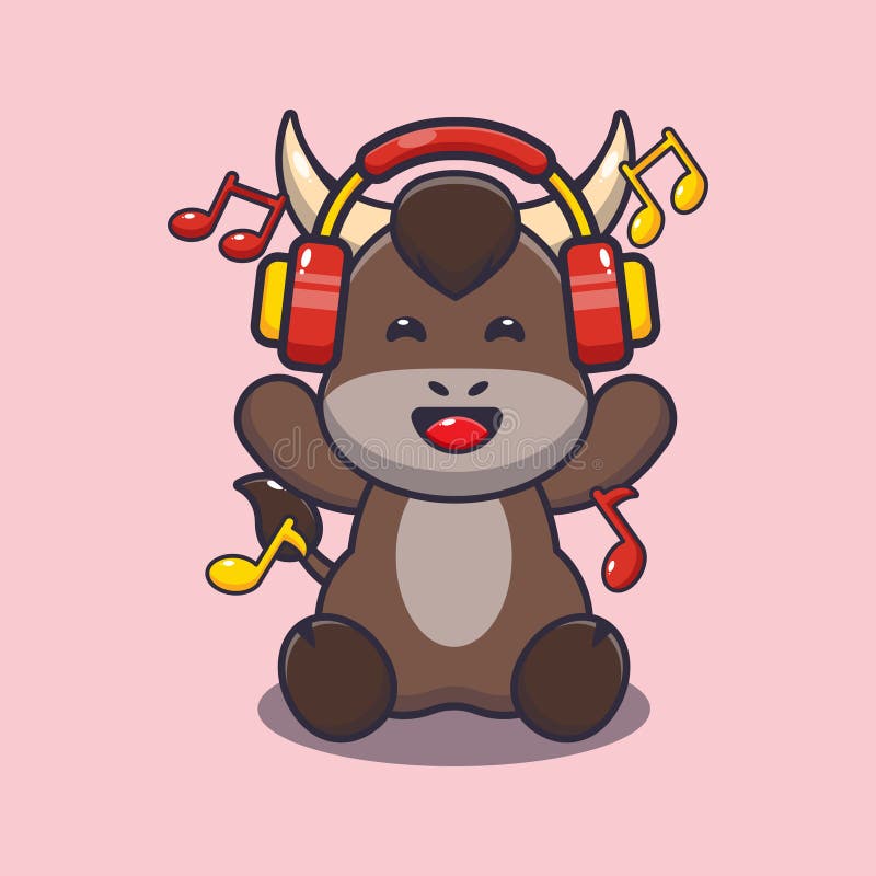 Cute Bull Listening Music with Headphone. Stock Vector - Illustration ...