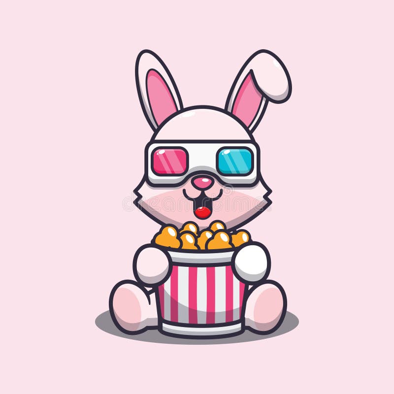 Cute Bunny Eating Popcorn and Watch 3d Movie. Stock Vector ...