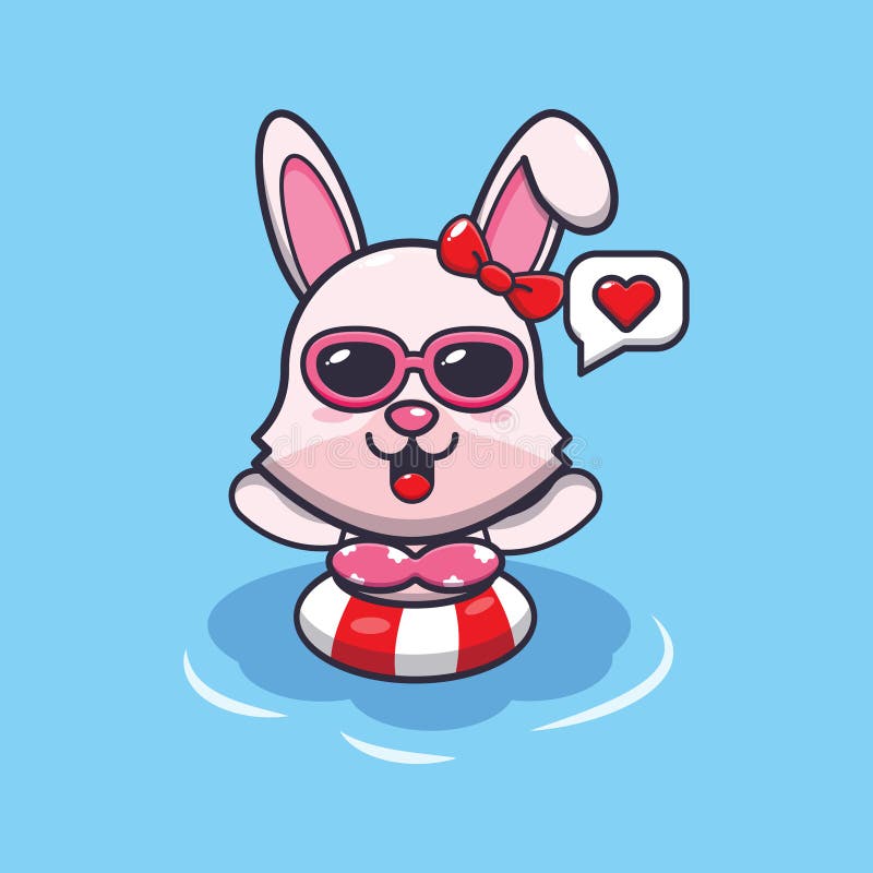 Cute Bunny Cartoon Mascot Character in Sunglasses Swim in Beach on Buoy ...