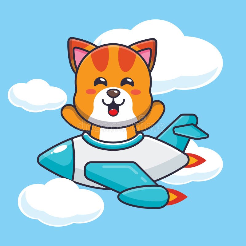 Cute Cat Mascot Cartoon Character Ride on Plane Jet. Stock Vector ...