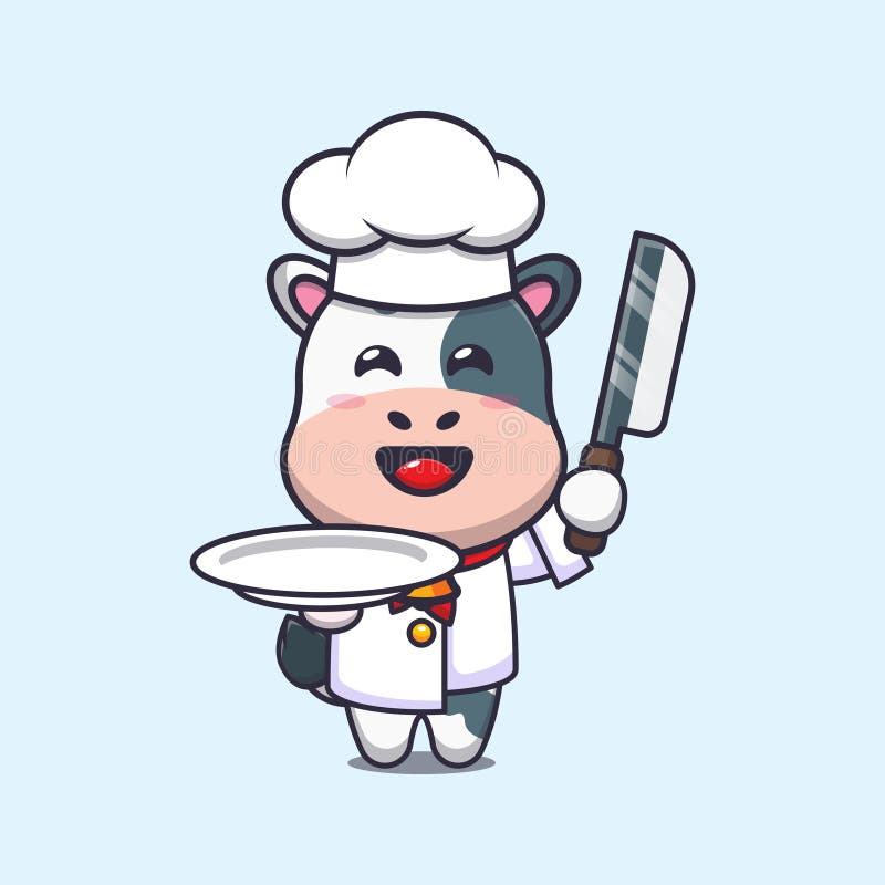 Cute Chef Cow Mascot Cartoon Character with Knife and Plate. Stock ...