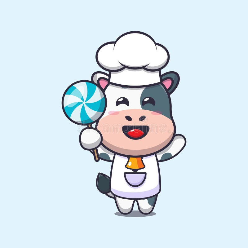 Cute Chef Cow Mascot Cartoon Character Holding Candy. Stock Vector ...