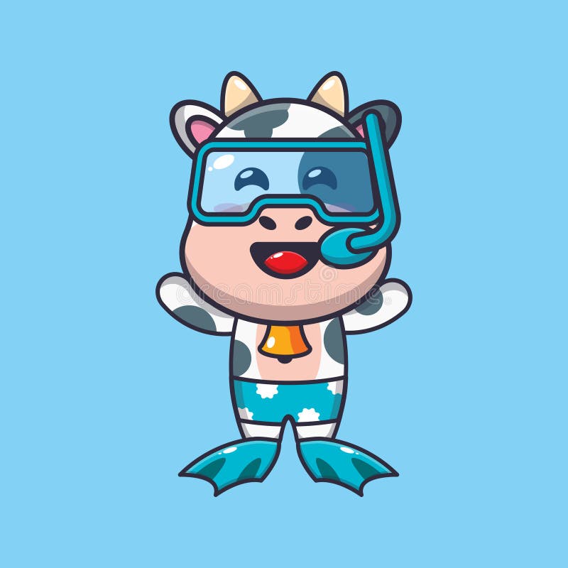 Cute Cow Diving Cartoon Mascot Character Illustration. Stock Vector ...