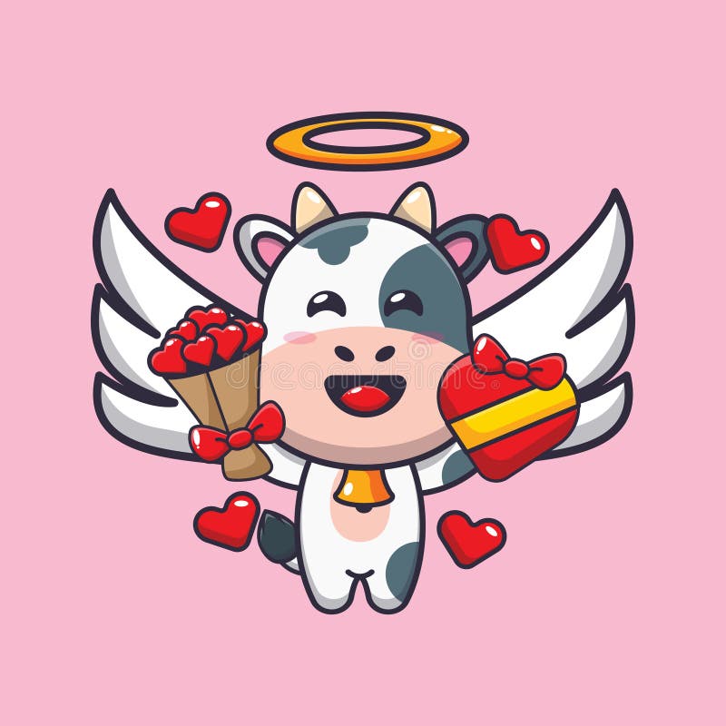 Cute Cow Cupid Cartoon Character Holding Love Gift and Love Bouquet ...