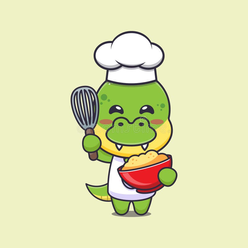 Cute Chef Dino Mascot Cartoon Character with Cake Dough. Stock Vector ...