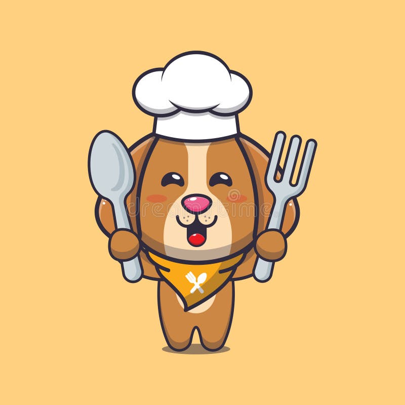 Cute Chef Dog Mascot Cartoon Character Holding Spoon and Fork. Stock ...