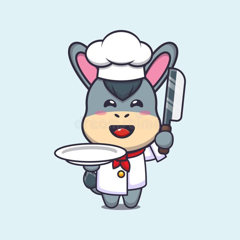 Cute Chef Donkey Mascot Cartoon Character with Knife and Plate. Stock ...