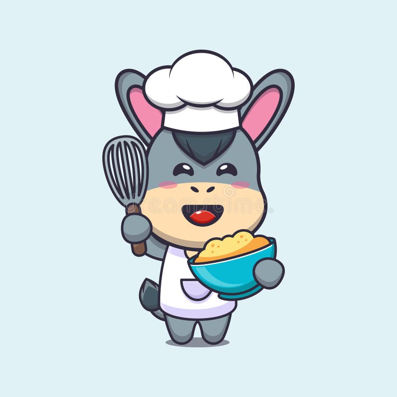 Cute Chef Donkey Mascot Cartoon Character with Cake Dough. Stock Vector ...