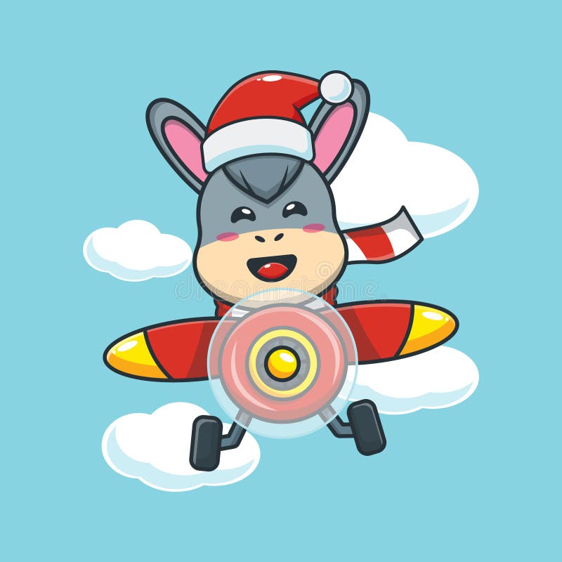 Cute Donkey Wearing Santa Hat Flying with Plane. Cute Christmas Cartoon ...
