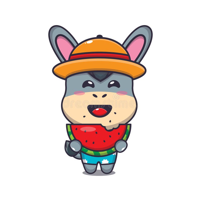 Cute Donkey Eating Fresh Watermelon Cartoon Illustration. Stock Vector ...