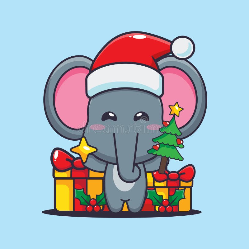 Cute Elephant Holding Star and Christmas Tree. Cute Christmas Cartoon ...