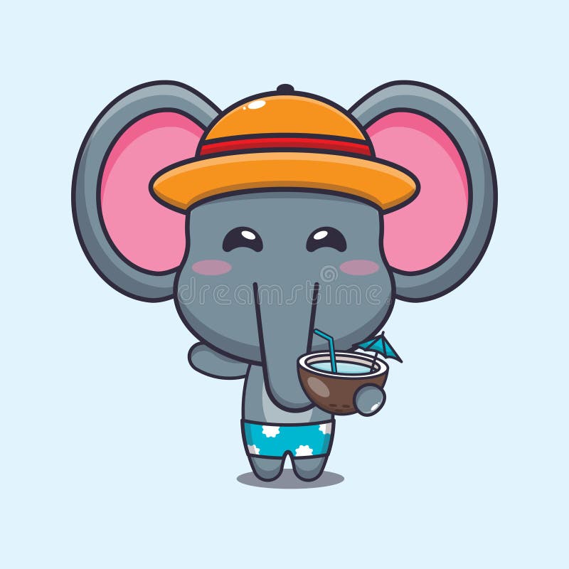 Cute Elephant Drink Coconut Cartoon Illustration. Stock Vector ...