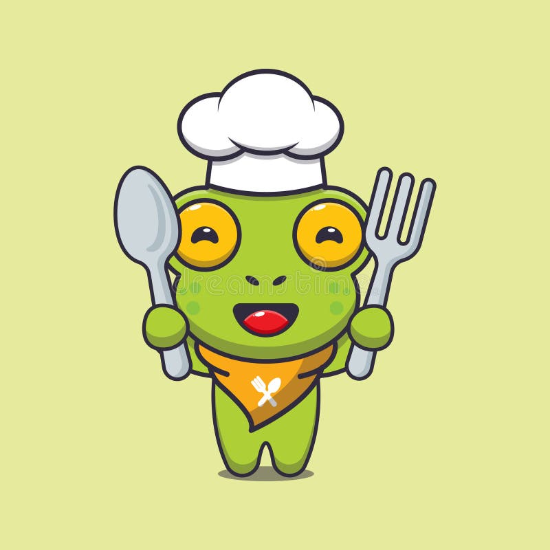 Cute Chef Frog Mascot Cartoon Character Holding Spoon and Fork. Stock ...