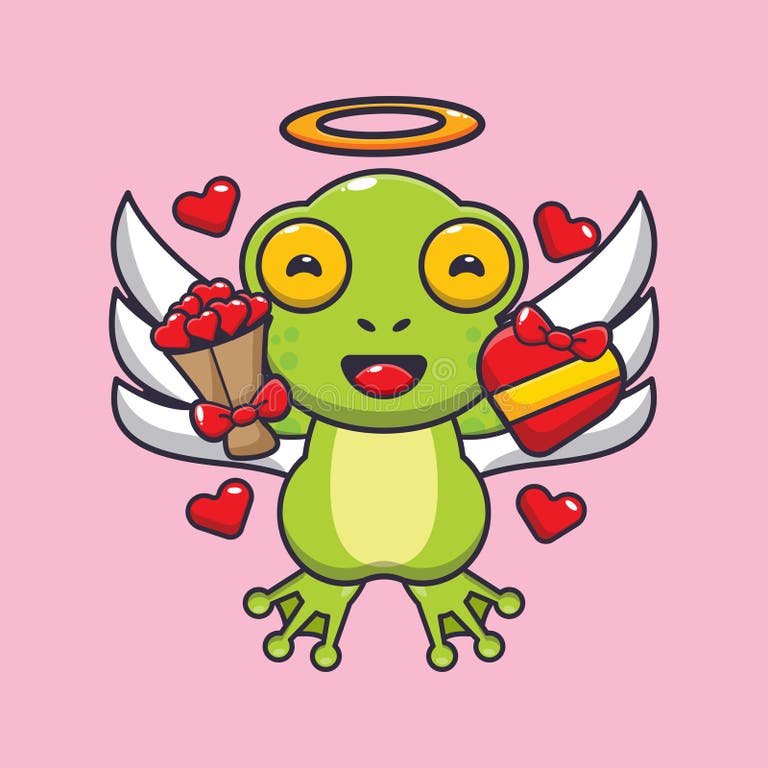 Cute Frog Cupid Cartoon Character Holding Love Gift and Love Bouquet. Stock Vector ...