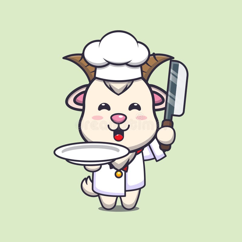 Cute Chef Goat Mascot Cartoon Character with Knife and Plate. Stock ...