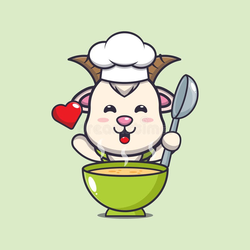 Cute Chef Goat Mascot Cartoon Character with Soup. Stock Vector ...