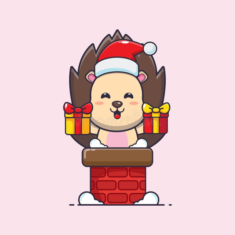 Cute Hedgehog with Santa Hat in the Chimney. Cute Christmas Cartoon ...