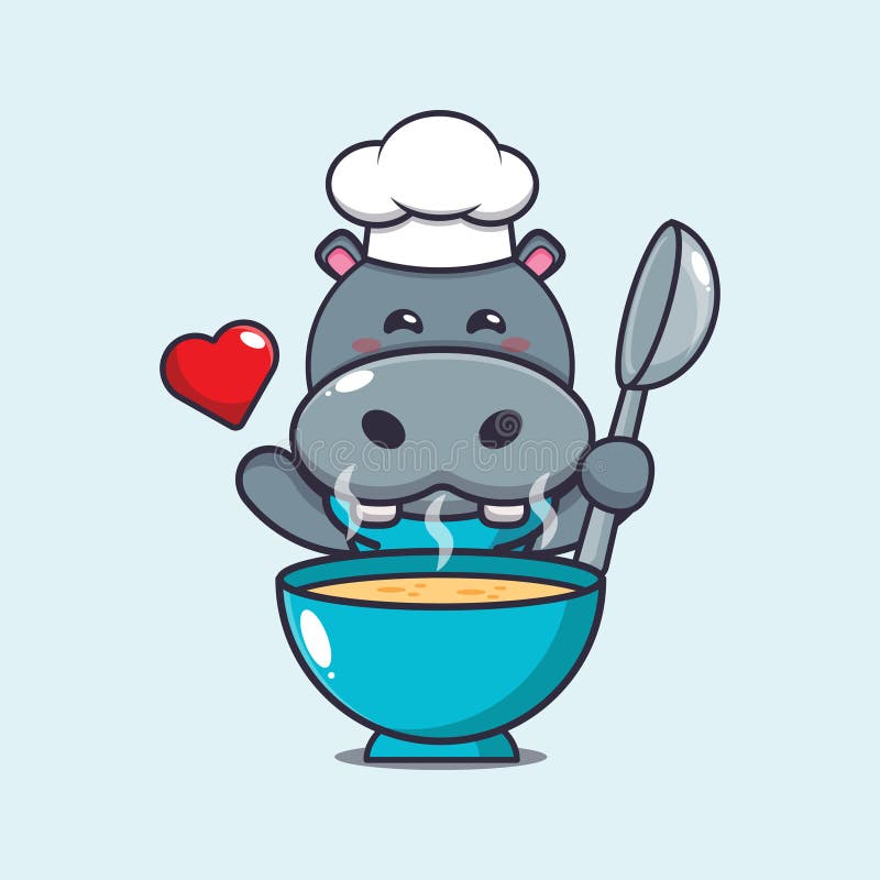 Cute Chef Hippo Mascot Cartoon Character with Soup. Stock Vector ...