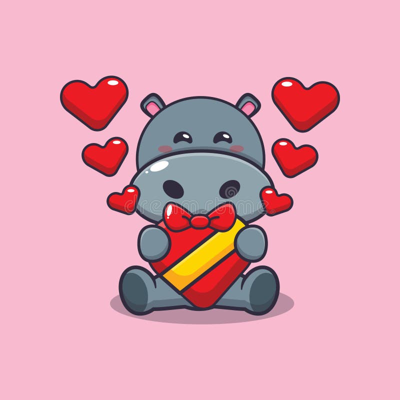 Cute Hippo Happy with Love Gift in Valentine S Day. Stock Vector ...