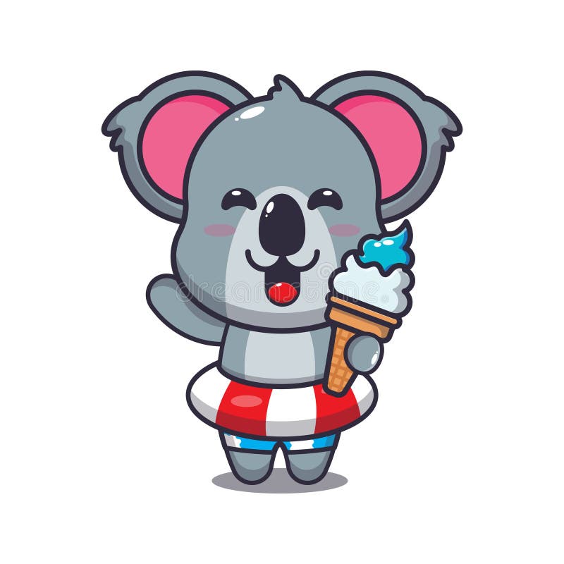Cute Koala with Ice Cream on Beach Cartoon Illustration. Stock Vector ...