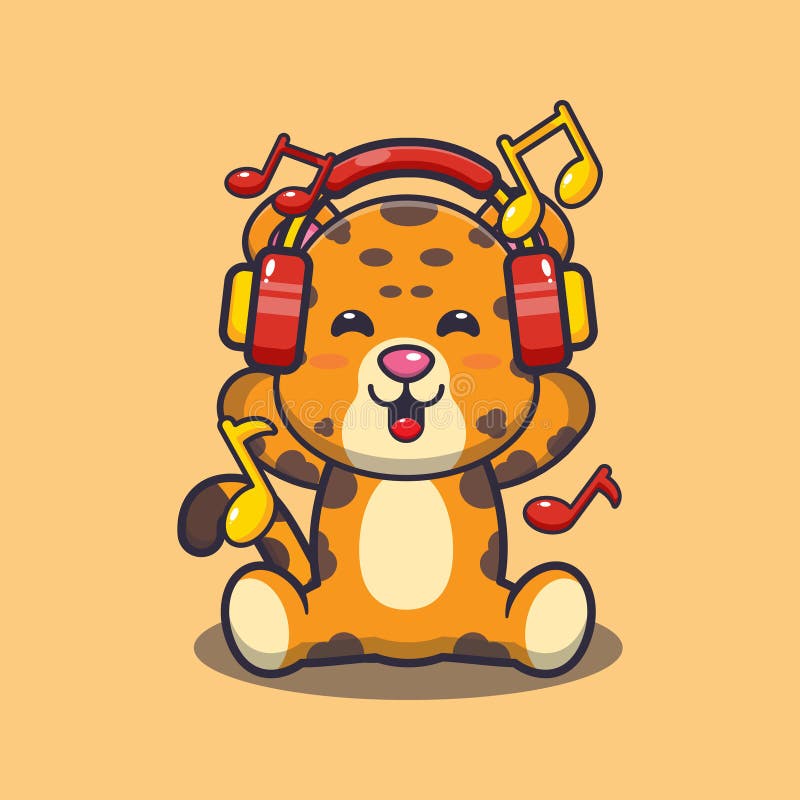 Cute Leopard Listening Music with Headphone Cartoon Vector Illustration ...